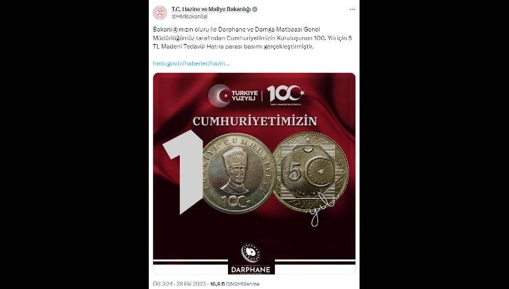 Cumhuriyet'in 100. yılına özel 5 TL'lik madeni para tedavüle girdi